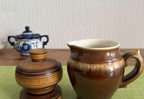 Солонка деревянная, кувшин молочник. Антиквариат