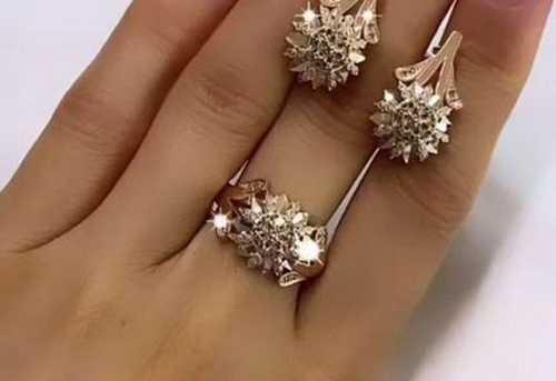 Золотые серьги и кольцо с бриллиантами