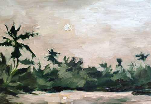 Картина маслом Пальмы Пляж на картоне