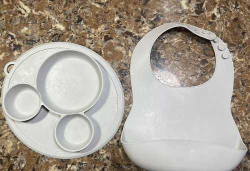 Стликоновая посуда детская нагрудник и тарелка