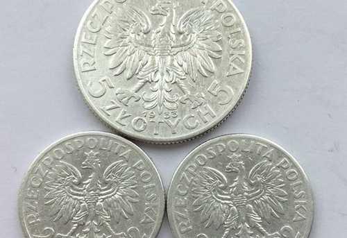 Серебряные монеты Польши 2 и 5 злотых