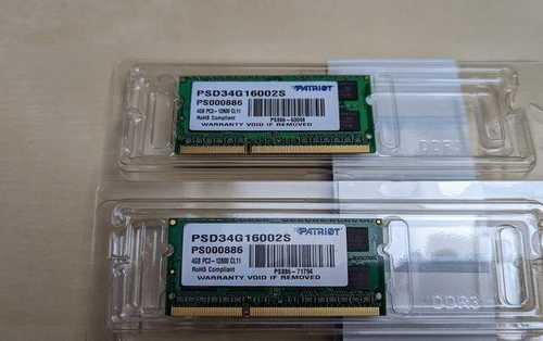 Память SO-dimm DDR3 Patriot, 2 шт по 4гб, комплект