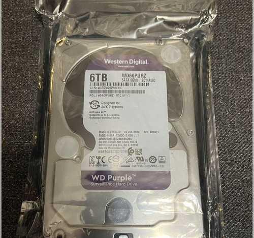 Жесткий диск wd 6tb purple, 5400 об/мин, кэш 64 мб