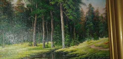 Картина маслом "Сосновый лес" в деревянной рамке