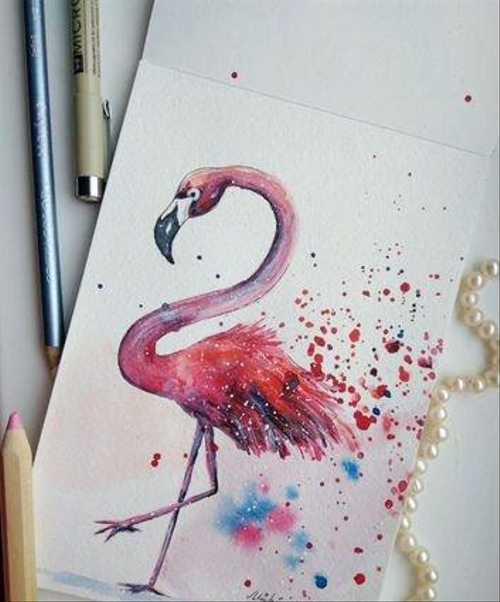 Картина акварелью с розовой птицей фламинго