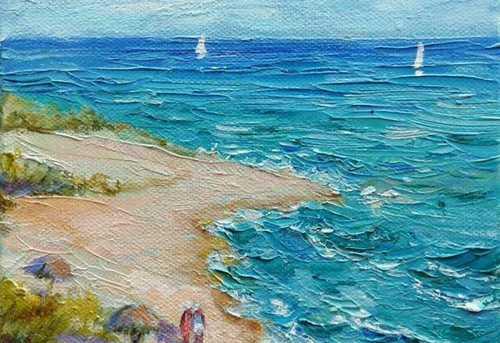 Картина маслом на холсте. Пейзаж с морем. Пляж