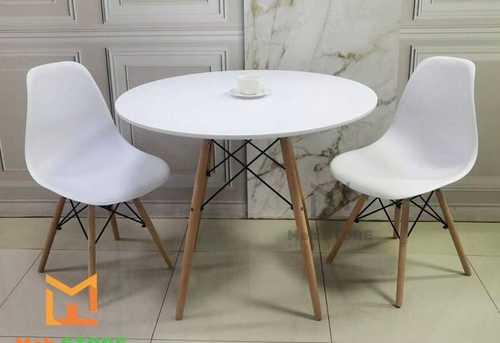 Кухонный стол круглый 900 и 2 стула Белый комплект