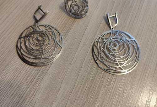 Комплект серебряный серьги и кольцо