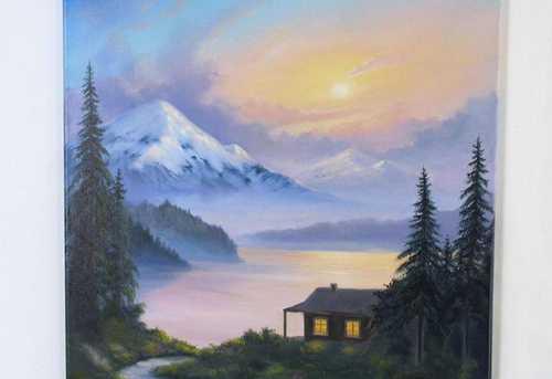 Картина маслом "Дом у горного озера", 50х60 см