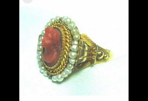 Антикварное кольцо золото коралл жемчуг 19 век