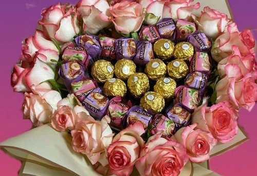 Букет из конфет и цветов(розы)