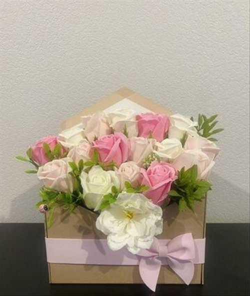 Букет из мыльных роз (конверт, роз-бел, 17шт)