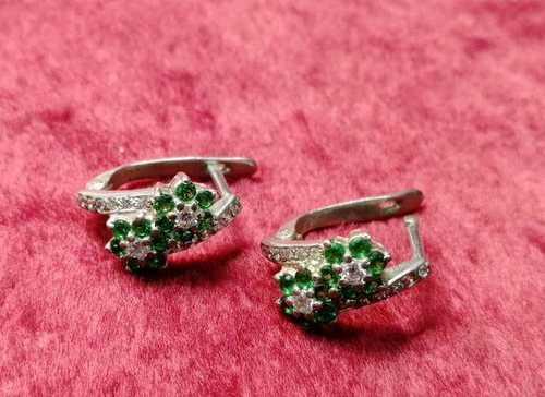 Серьги серебро 875 Кокошник Зеленые камни Фианиты