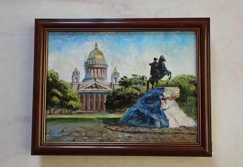 Картина маслом "Медный всадник на фоне Исаакия"