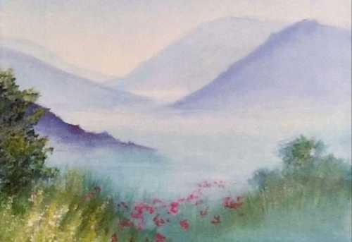 Картина "Горное озеро и цветы"