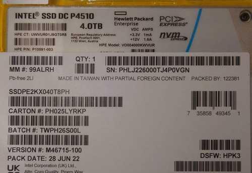 Новый intel HPE U.2 SSD DC P4510 4.0TB P10591-003