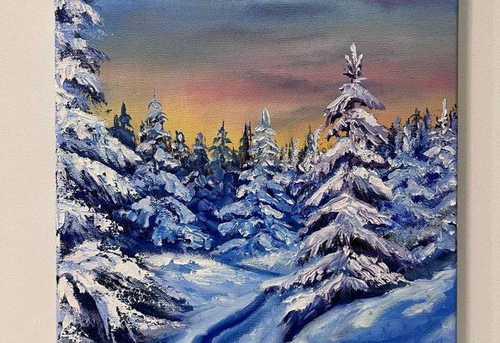 Картина маслом зимний лес