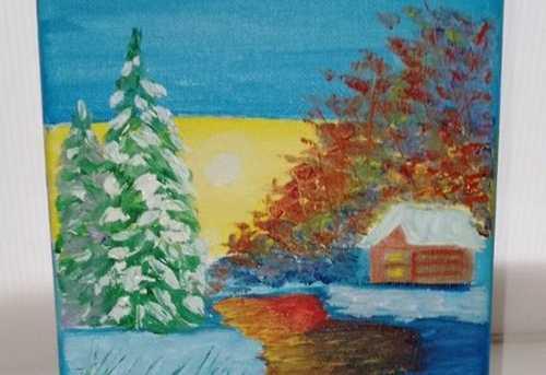 Картина зимний пейзаж маслом Домик в лесу