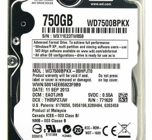 Жесткий диск Western Digital 750Gb WD7500bpkx SATA