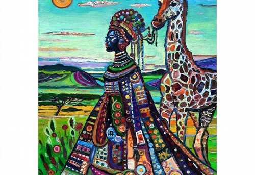 Африканка с жирафом картина маслом холст 40 см на
