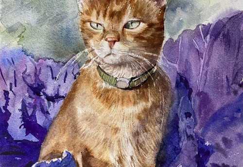 Картина рыжий котик акварель