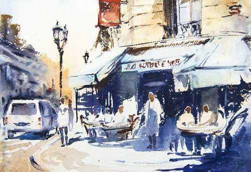 Картина акварелью пейзаж "Кафе в Париже"