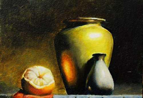 Картина маслом "Натюрморт с мандарином" 20 х 25