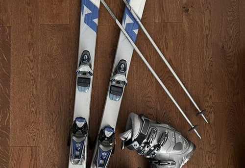 Горные лыжи с креплением, ботинки и палки