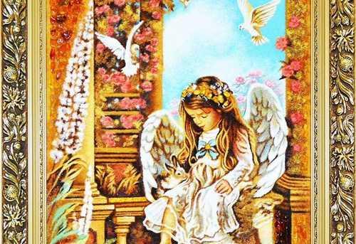 Картина из янтаря "Ангелочек с кроликом"