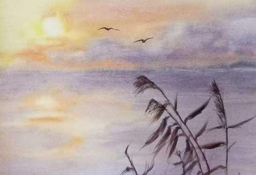 Картина акварелью: "Сиреневый закат", 30 на 42