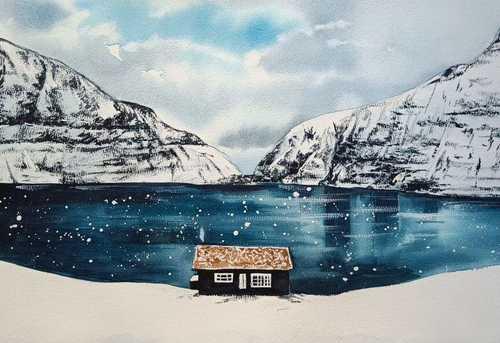 Картина в скандинавском стиле. Озеро в горах