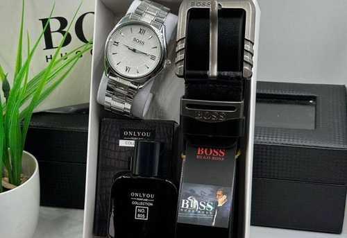 Мужской подарочный набор часы ремень парфюм boss