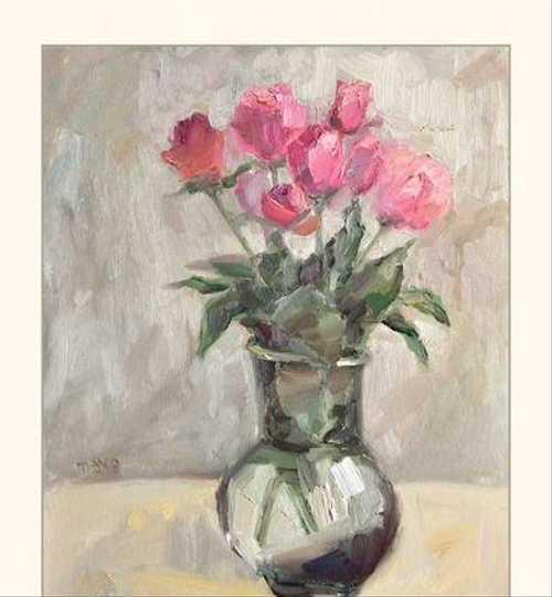 Картина маслом Розы в вазе розовый серый бежевый