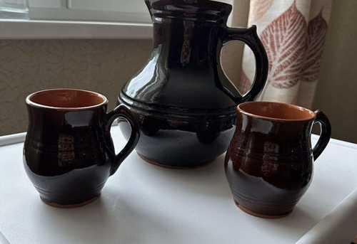 Набор глиняный кувшин и 2 чашки