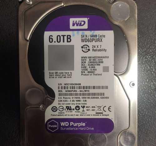 HDD WD Purple 6 Тб меленький пробег, не китай