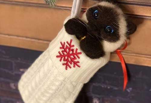 Сиамский котенок в новогоднем носке, валяние