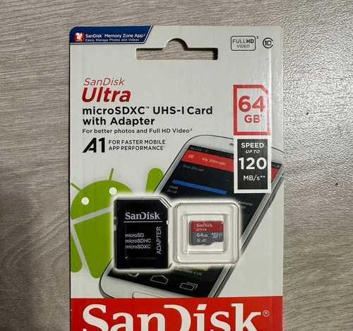 Карта памяти micro sd 64 sandisk ultra 120mb/s