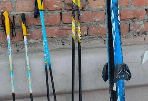 Лыжи детские 140см с креплениями 75мм и палки