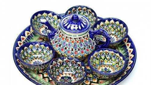 Чайный набор Риштанской керамической посуды Синий