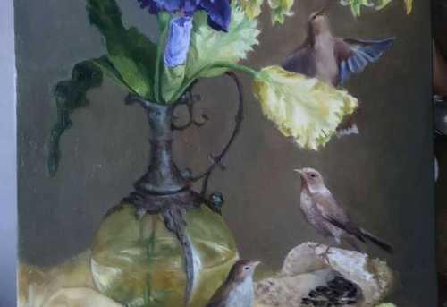 Картина маслом на холсте "Букет с птичками"
