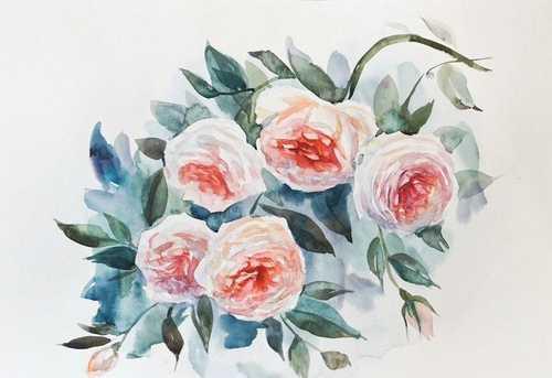 Акварельная картина с цветами. Розы в саду. А3