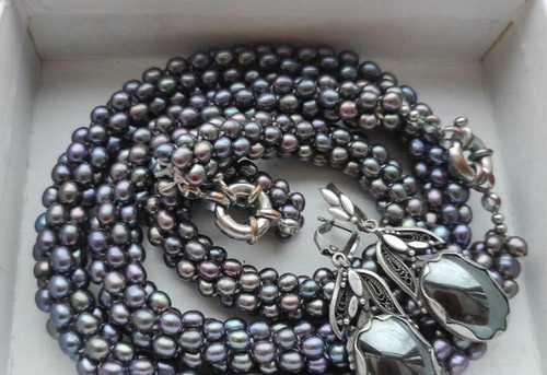 Жемчужное ожерелье с браслетом + серьги