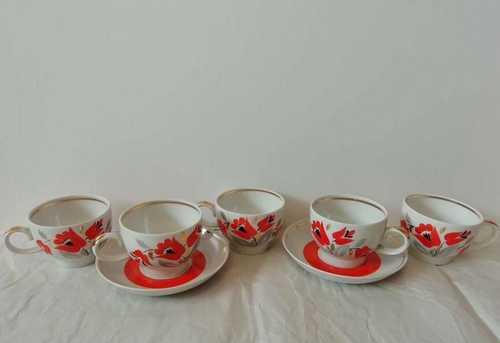 Советский чайный набор из 7 предметов.Маки.(5 чаше