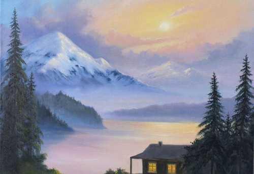 Картина маслом "Дом у горного озера", 50х60