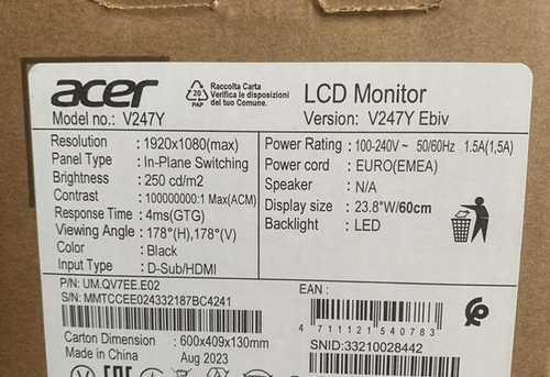 Монитор Acer 23.8 V247YEbiv 100Hz 1920x1080 IPS