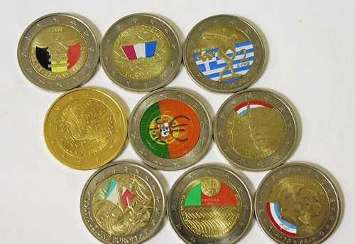 Набор монет 2 Евро юбилейные, 8 цветных и 1 станда