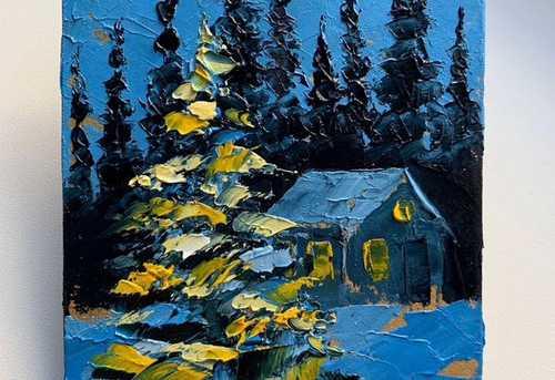 Картина маслом домик в лесу зимний пейзаж открытка