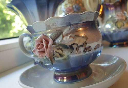 Чайный форфоровый сервиз, синий перламутр с розами