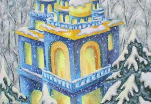 Картина акварелью, "Сказочный храм в зимнем лесу"
