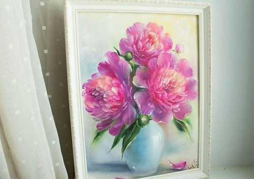 Розовые пионы в вазе, картина маслом